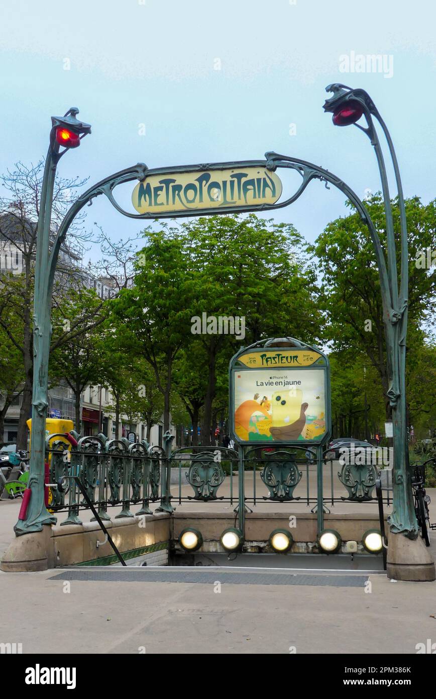 Paris, France. April 02. 2023. Typical entrance to Parisian public ...