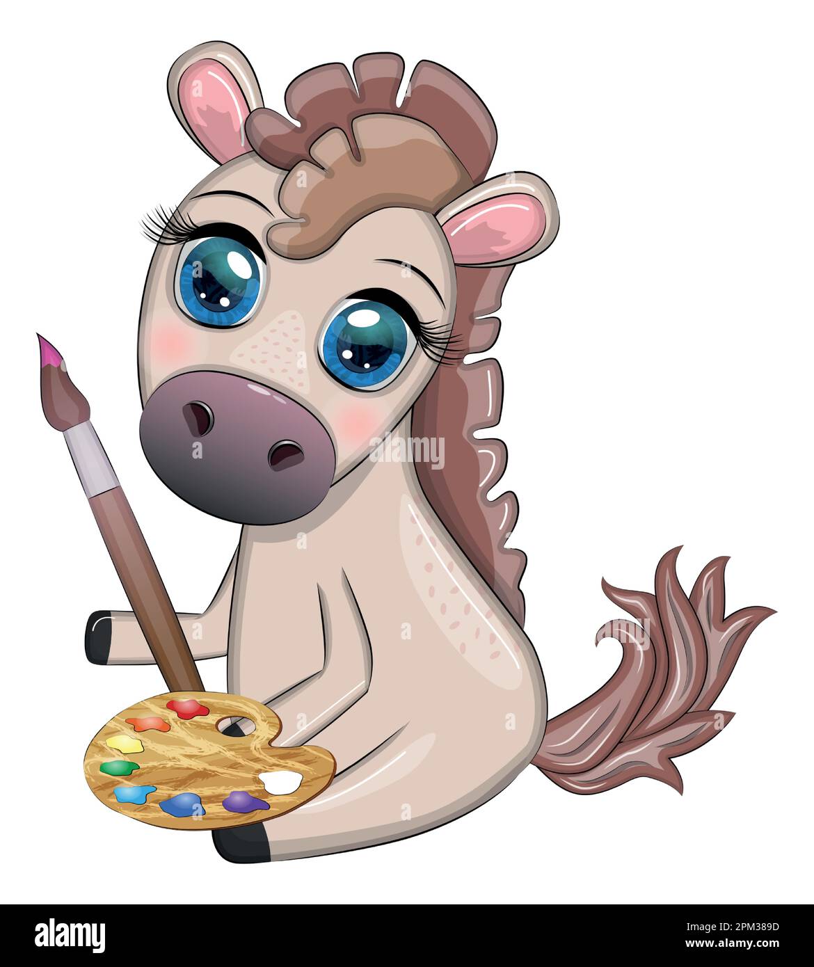Cute horse with paint palette and brush, artist character, children's ...