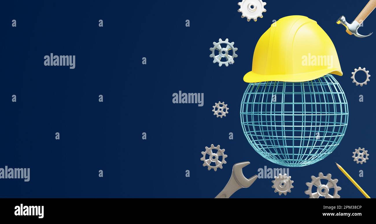 Planet frame with protective helmet and tools. World Day for Safety and ...