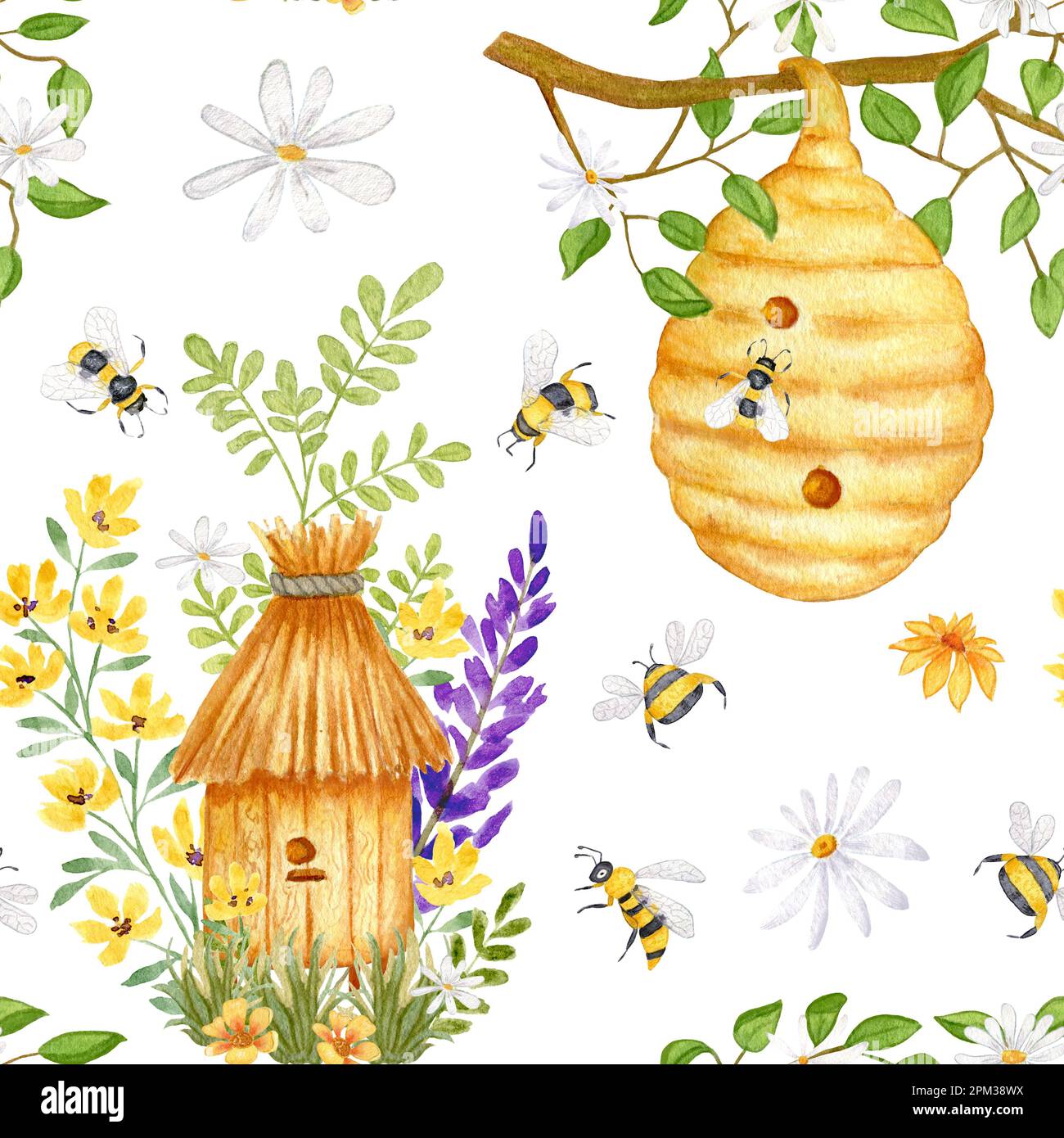 Apiculture. Watercolor pattern with bees and beehive on a tree on a ...