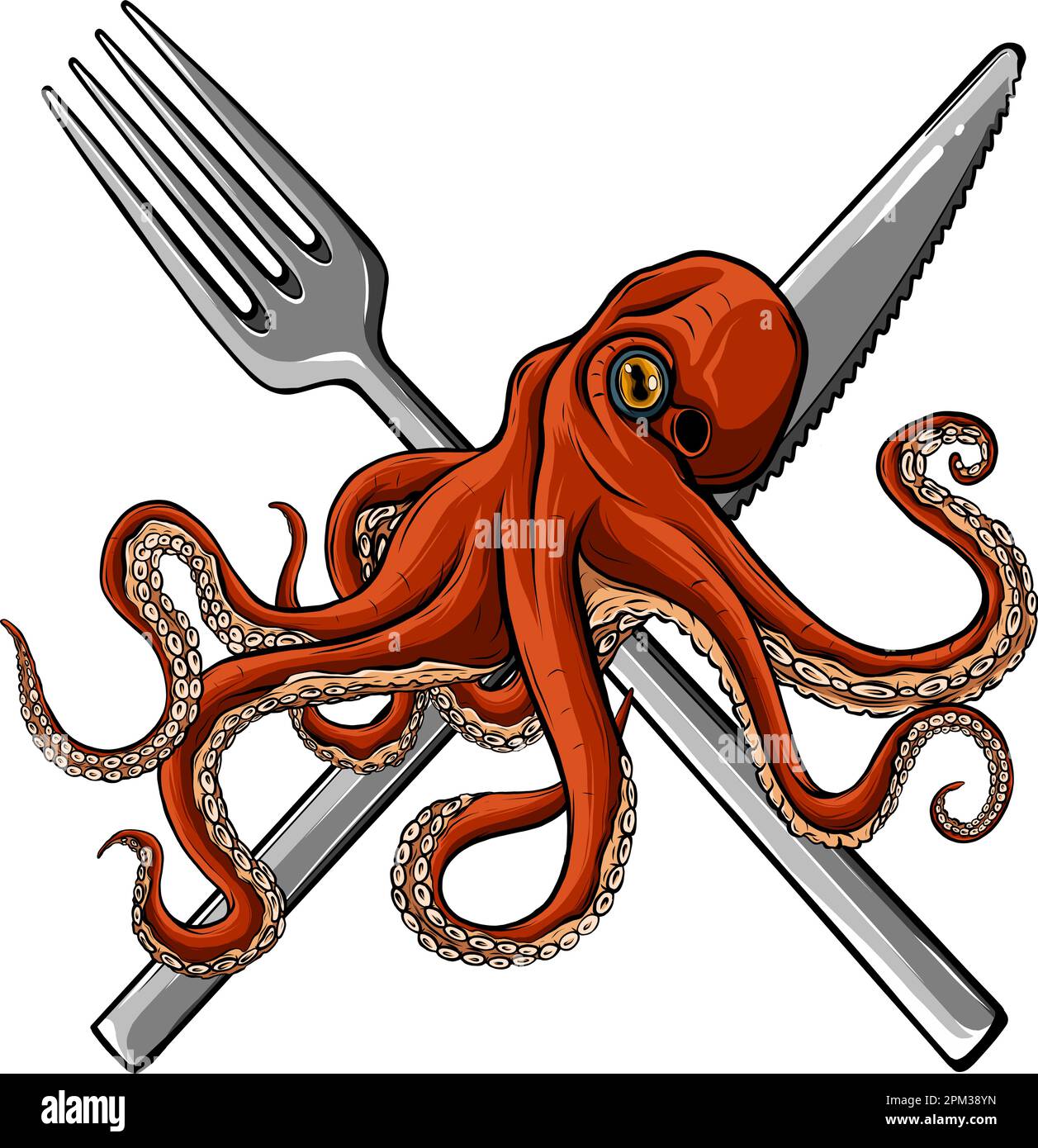 vector illustration of an octopus with cutlery on white background ...