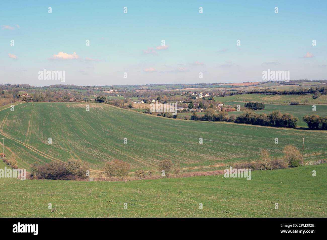 View across farmland towards Lyminge on the North Kent Downs from Farthing Common, Folkestone ...