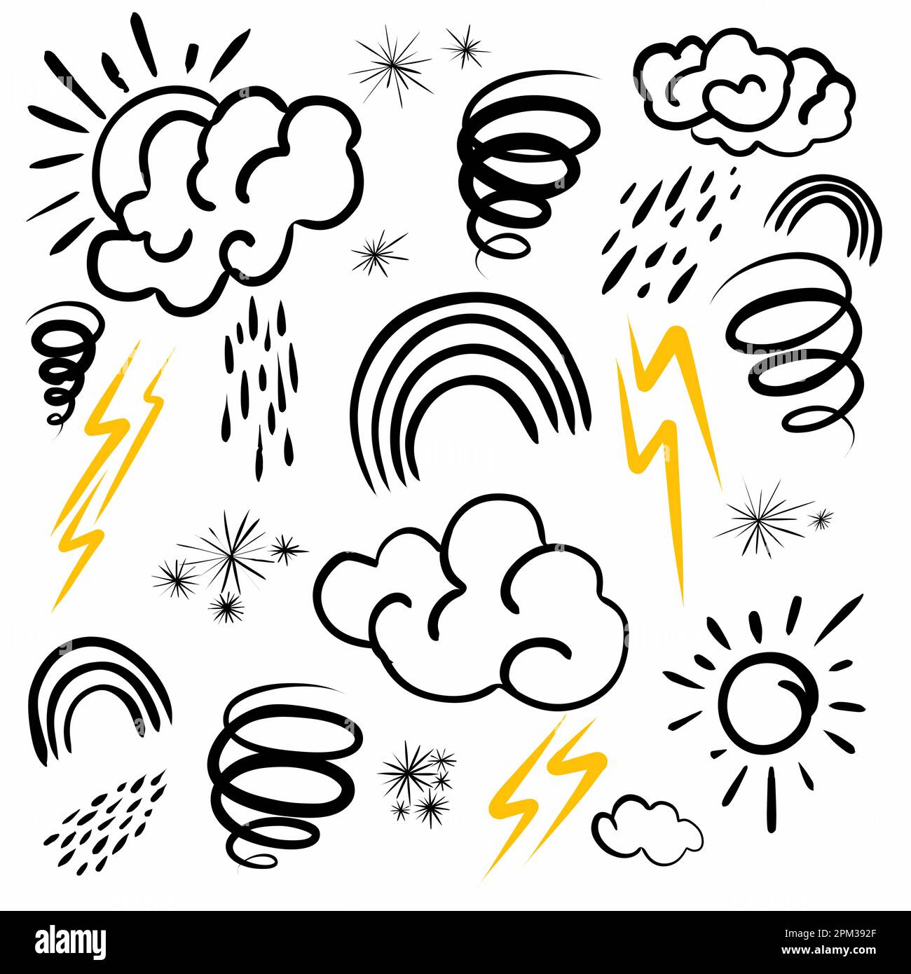 Set of weather icons. Hand drawn doodle illustration. Contains sign of ...