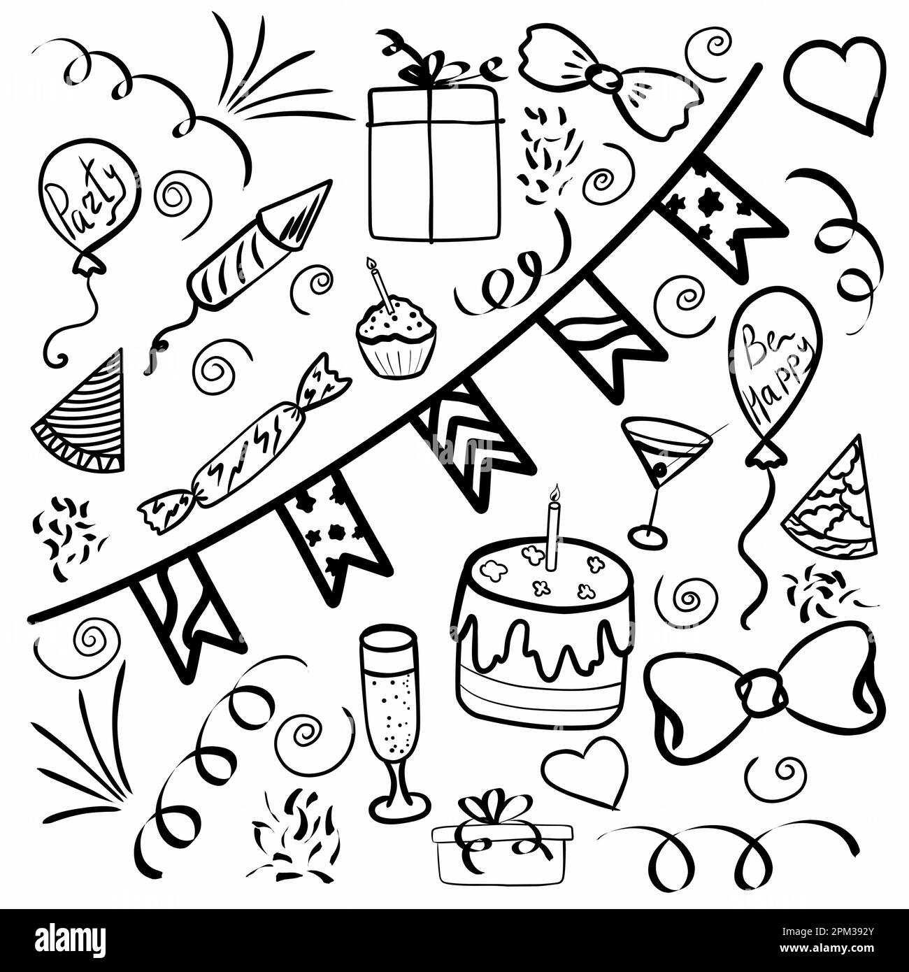 Hand drawn doodle party background with air balloons, fireworks ...