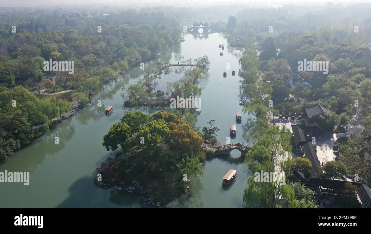Aerial photo shows beautiful spring scenery of the Slender West Lake ...