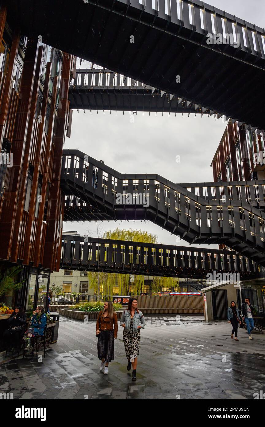 Camden Town, London, UK: Hawley Wharf, part of Camden Market. Overhead ...
