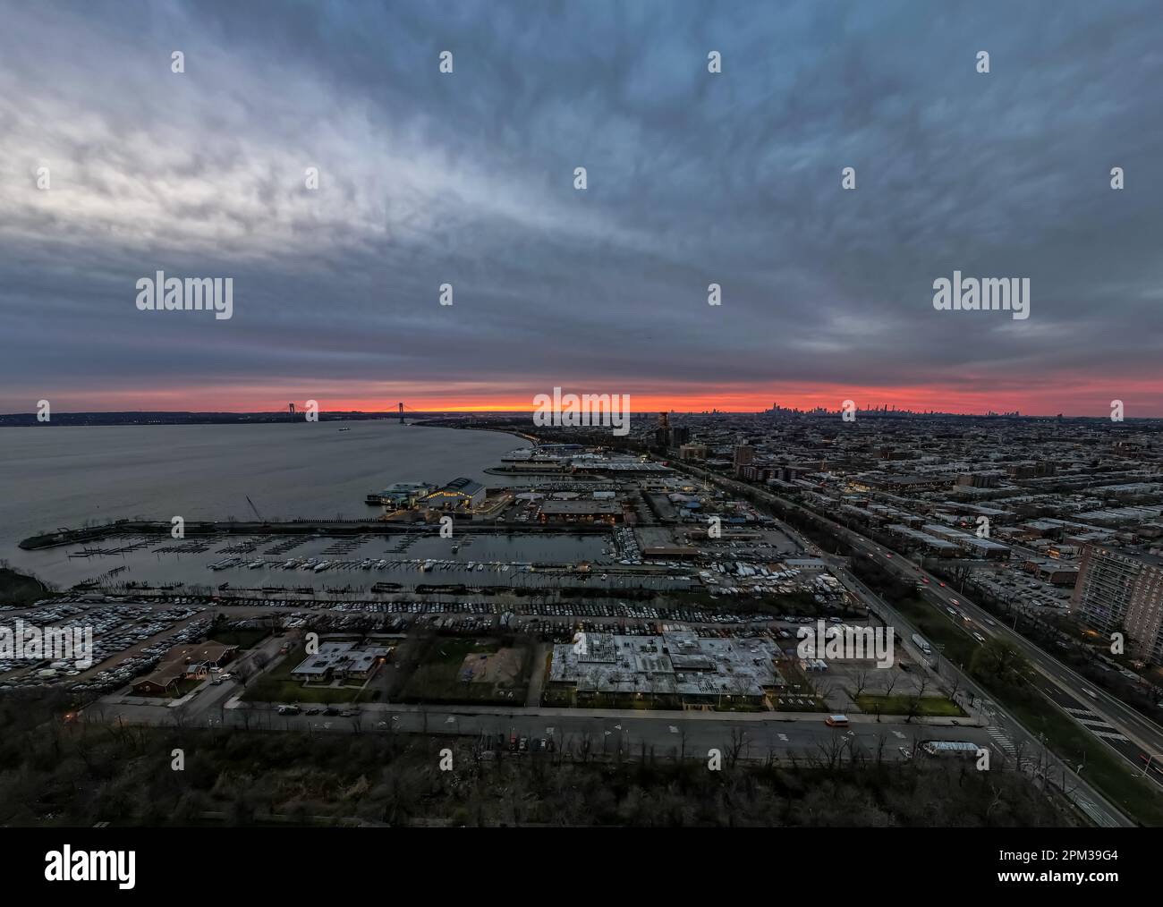 An aerial view over the industrial area on the shores of Gravesend Bay ...
