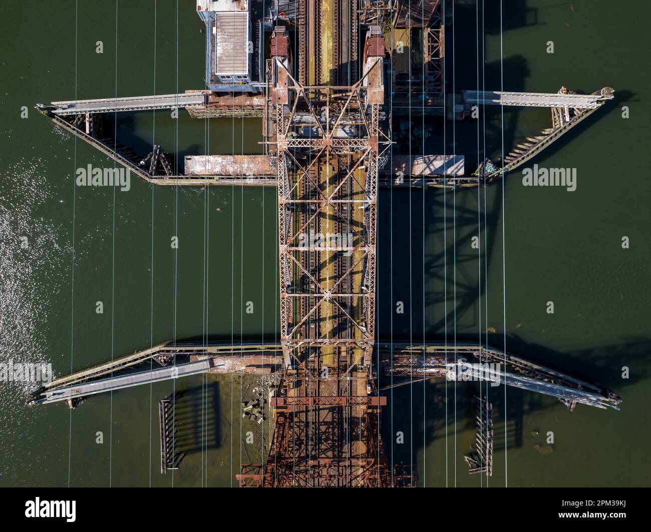 An aerial view over the Pelham Bay Railroad Bridge on a sunny morning ...