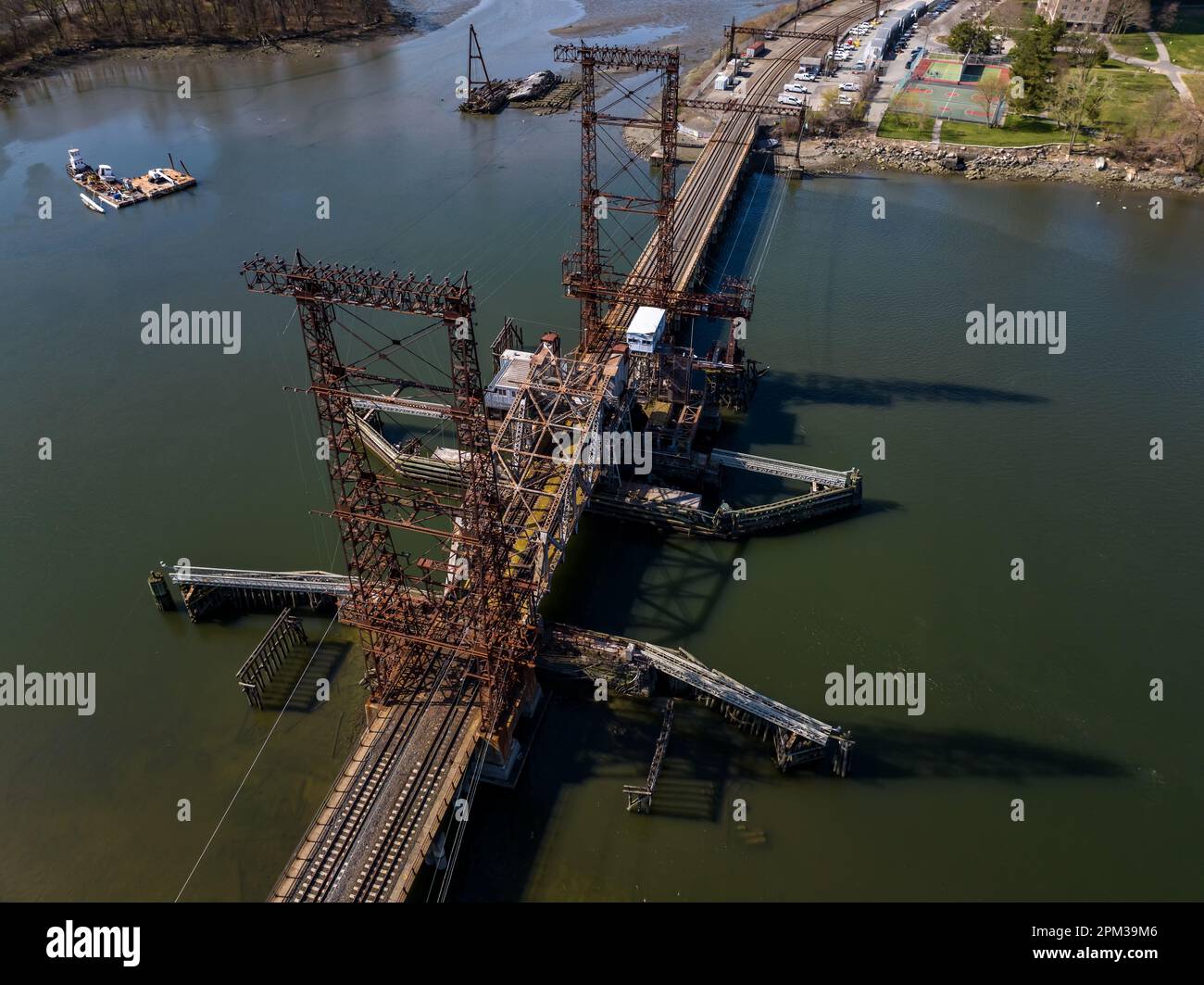 An aerial view over the Pelham Bay Railroad Bridge on a sunny morning ...