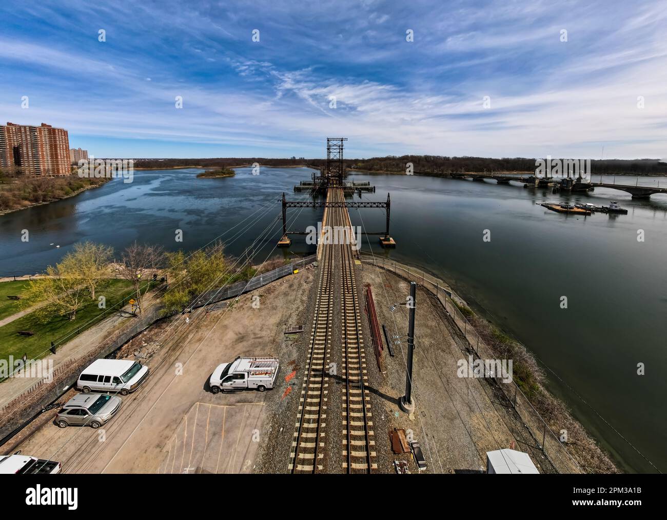 An aerial view of the Pelham Bay Railroad Bridge in Bronx, New York on ...