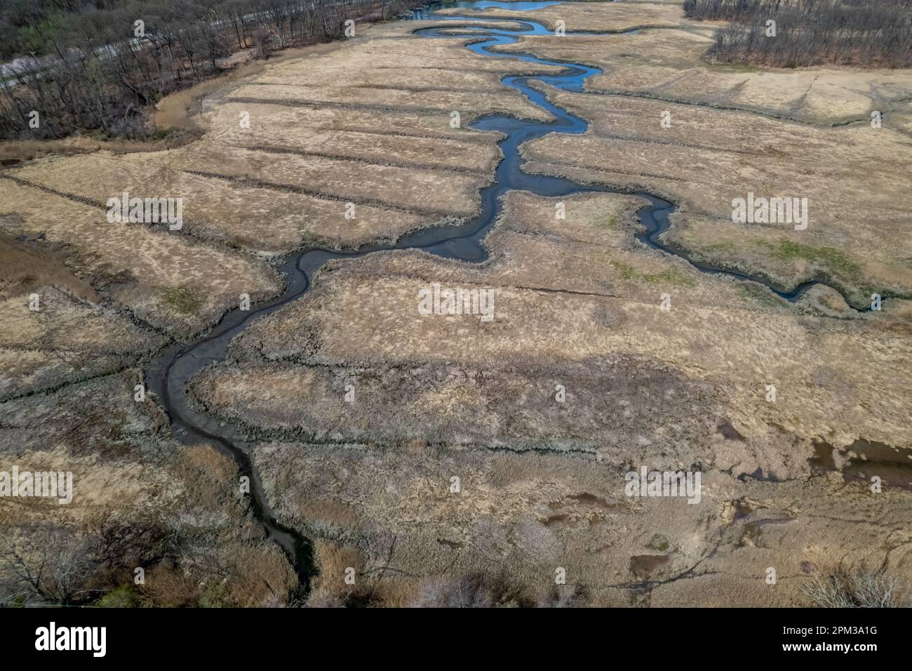 An aerial view of the marsh wetlands with dry grass in Pelham Bay in ...