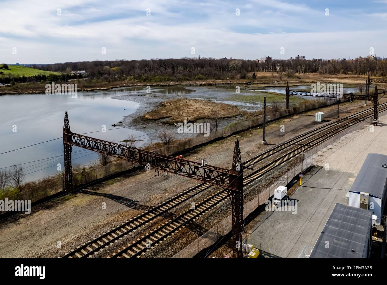 An aerial view of the Pelham Bay Railroad Bridge in Bronx, New York on ...