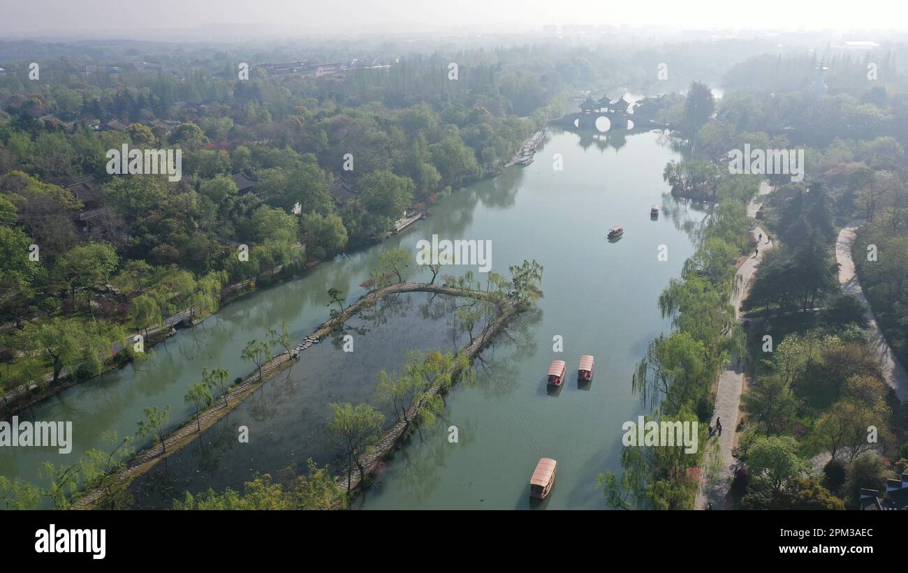 Aerial photo shows beautiful spring scenery of the Slender West Lake ...