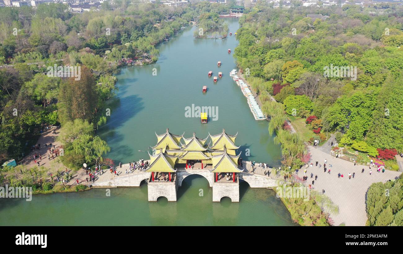Aerial photo shows beautiful spring scenery of the Slender West Lake ...