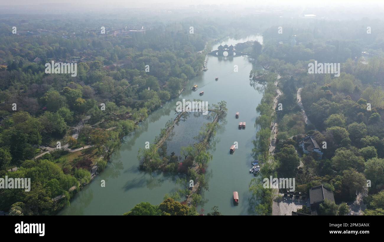 Aerial photo shows beautiful spring scenery of the Slender West Lake ...