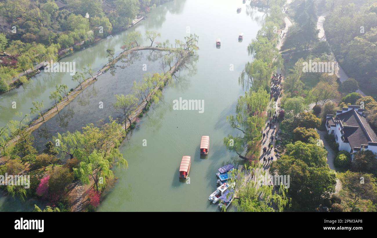 Aerial photo shows beautiful spring scenery of the Slender West Lake ...