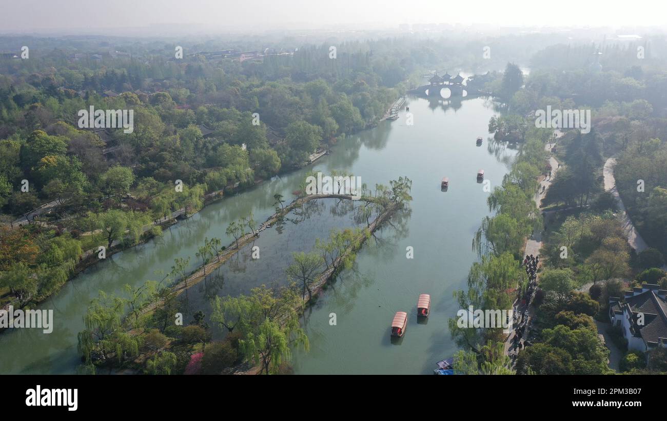 Aerial photo shows beautiful spring scenery of the Slender West Lake ...