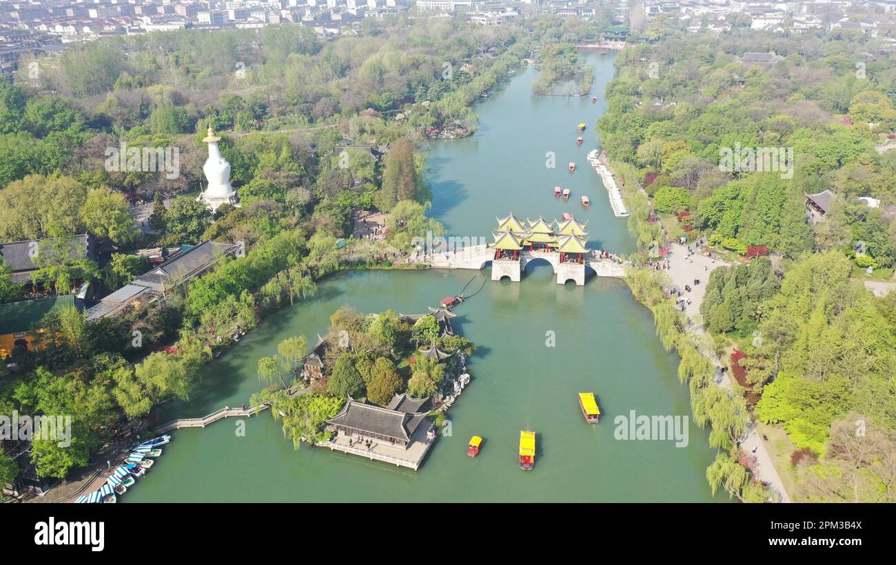 Aerial photo shows beautiful spring scenery of the Slender West Lake ...