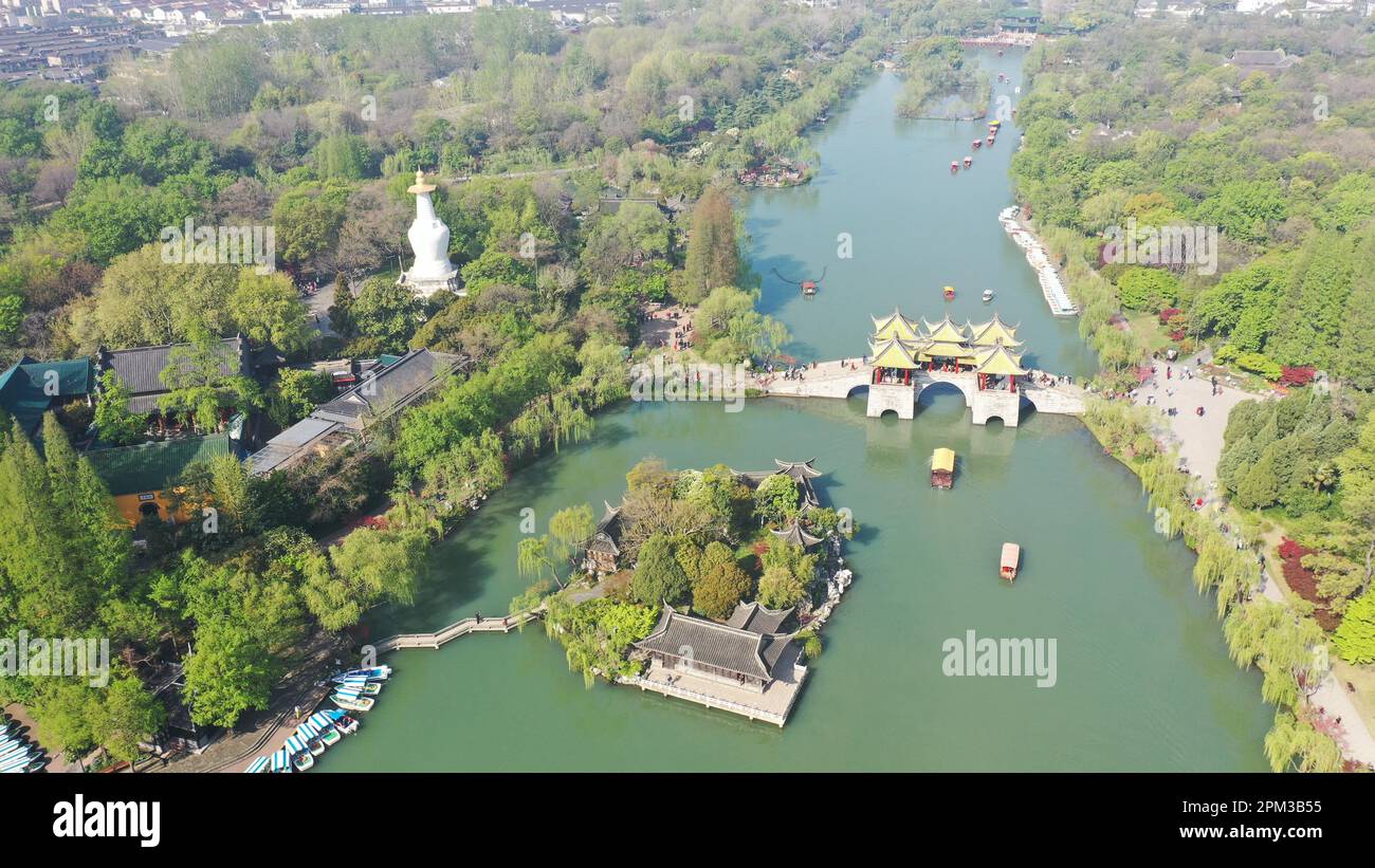 Aerial photo shows beautiful spring scenery of the Slender West Lake ...