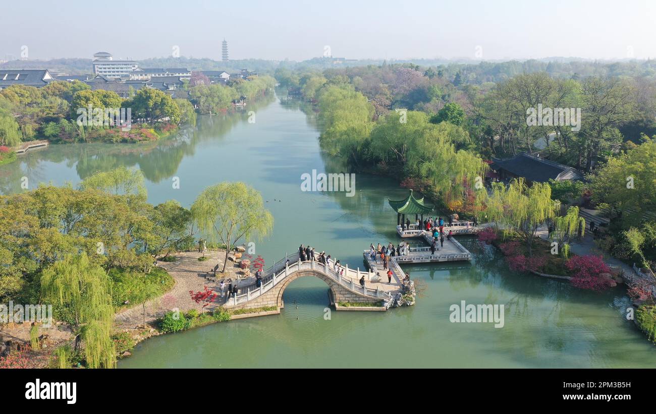 Aerial photo shows beautiful spring scenery of the Slender West Lake ...
