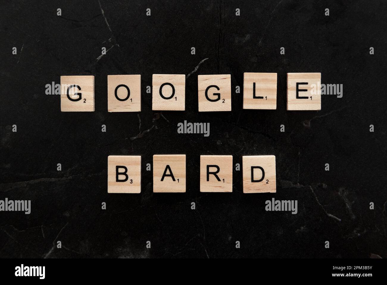 Directly above photo of google bard text made from wooden tiles on ...