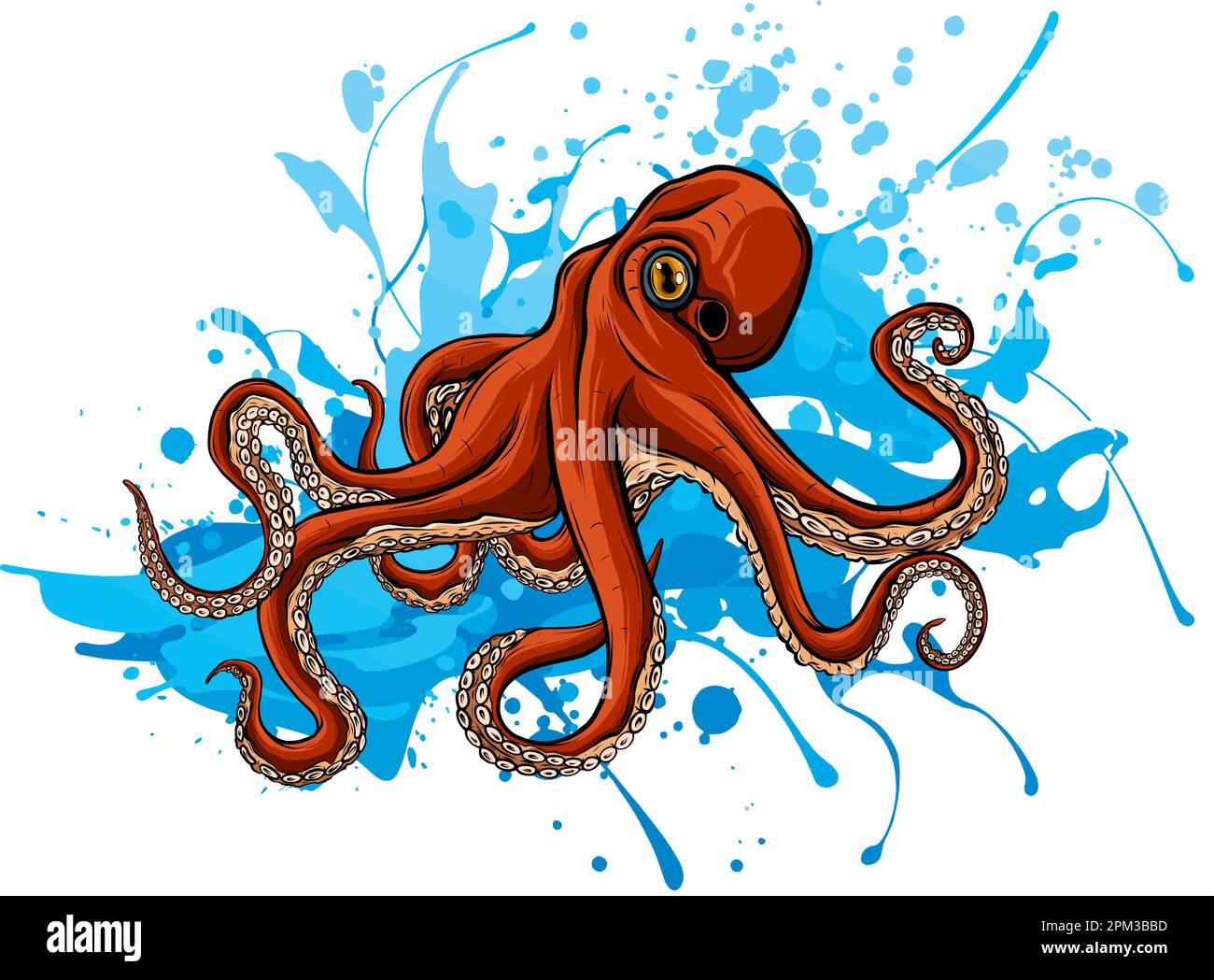 Red octopus cartoon character with wave vector illustration design ...