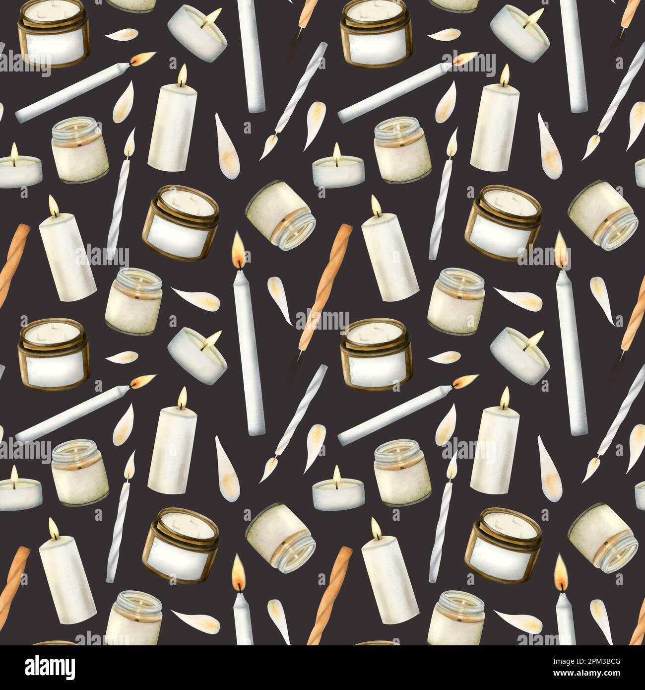 Watercolor cadles of various types seamless pattern on dark brown ...