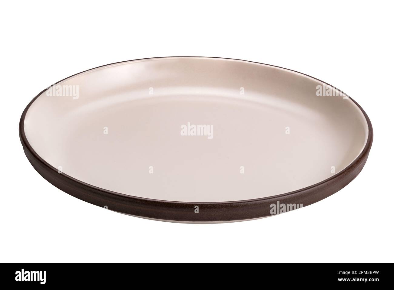 Brown ceramic plate. Side view of empty plate with dark edge isolated ...