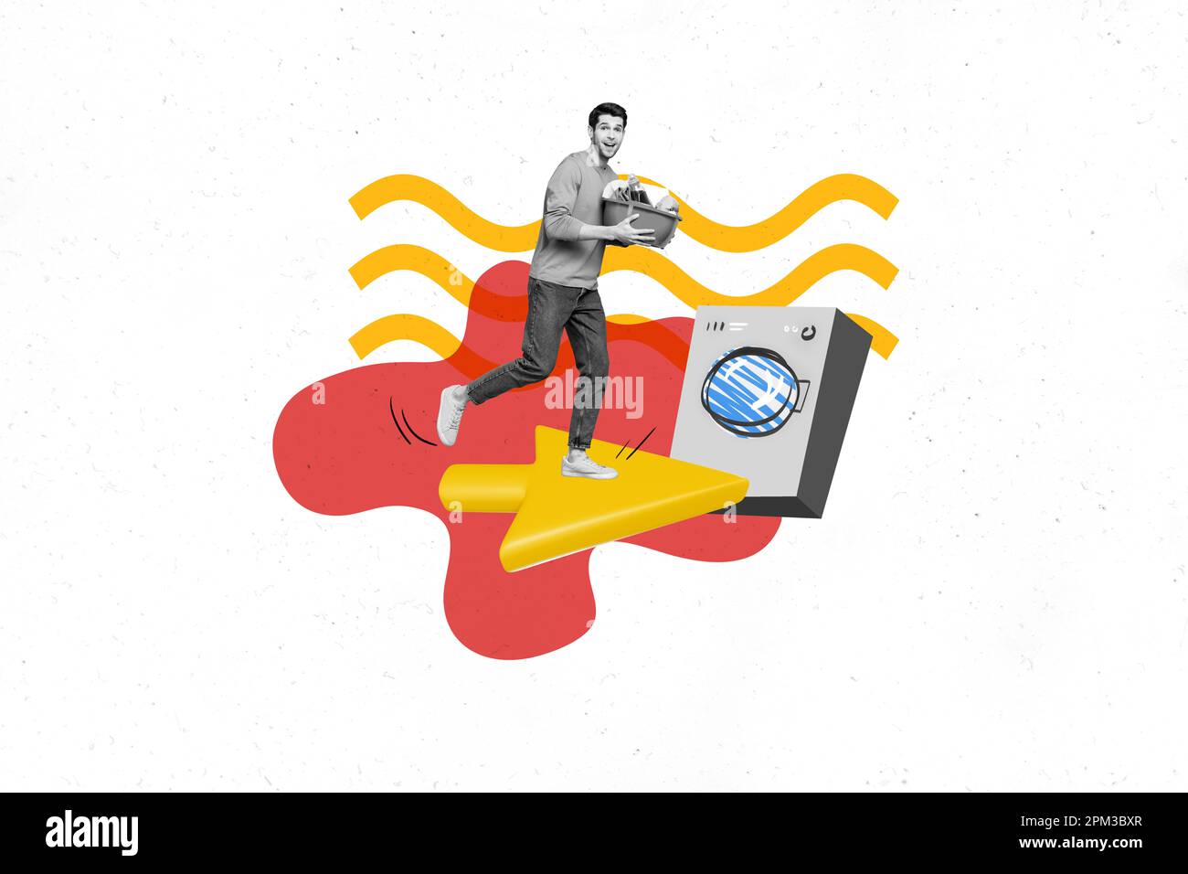 Collage picture of mini black white effect guy hold dirty clothes walk ...