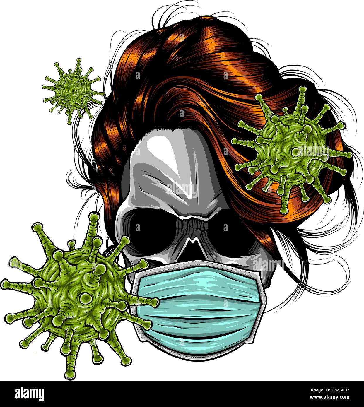 Skull face in medical face mask with virus. Vector illustration on ...