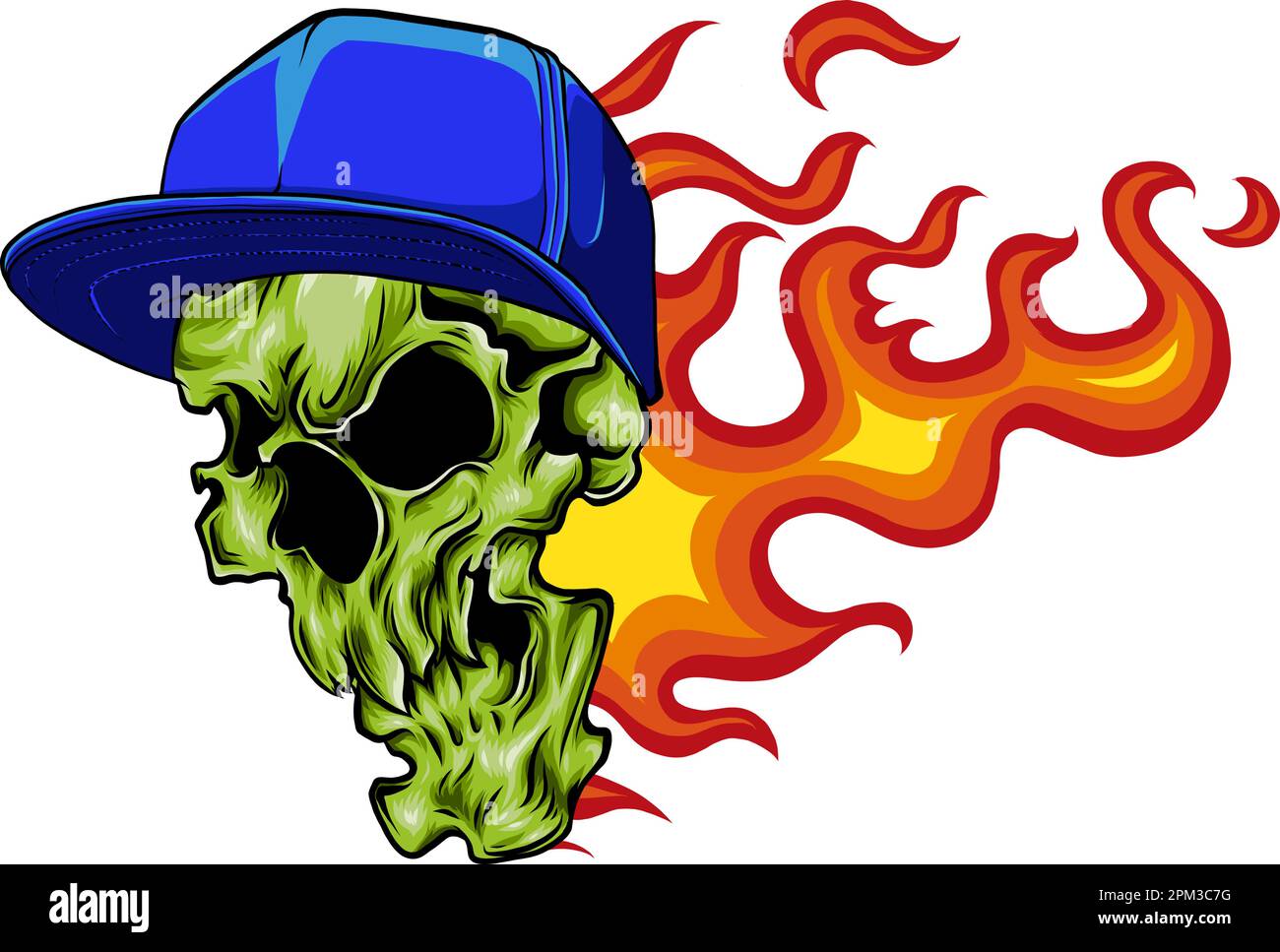 skull head with hip pop hat and flames. vector illustration of digita ...