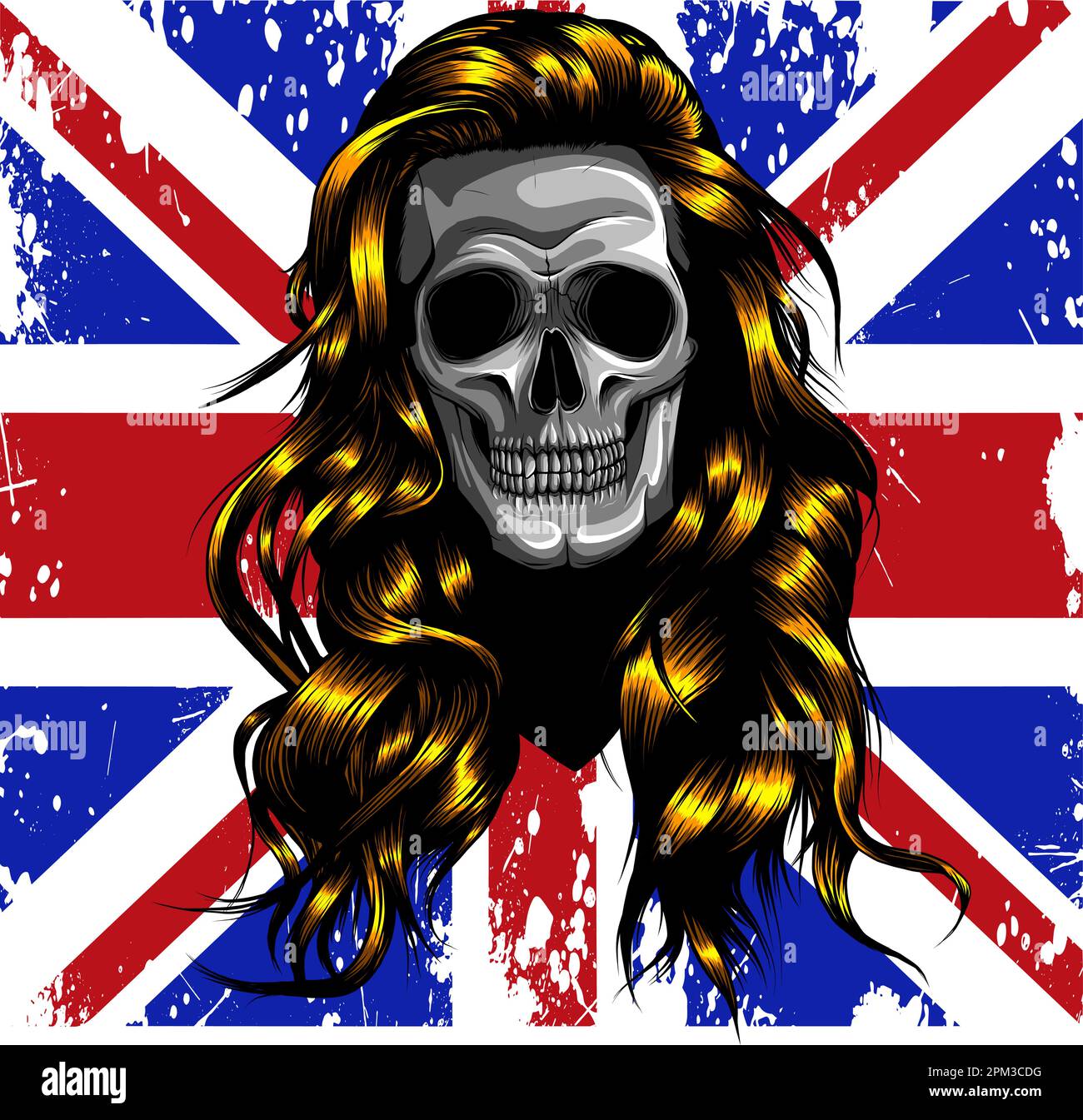 vector illustration of England flag and woman skull digital hand draw ...
