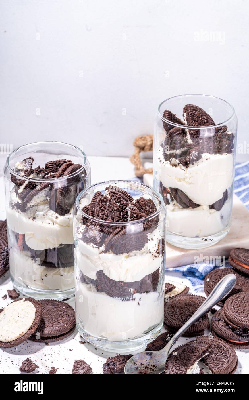 Cream and cookie layered dessert. Homemade oreo trifle, vanilla ...