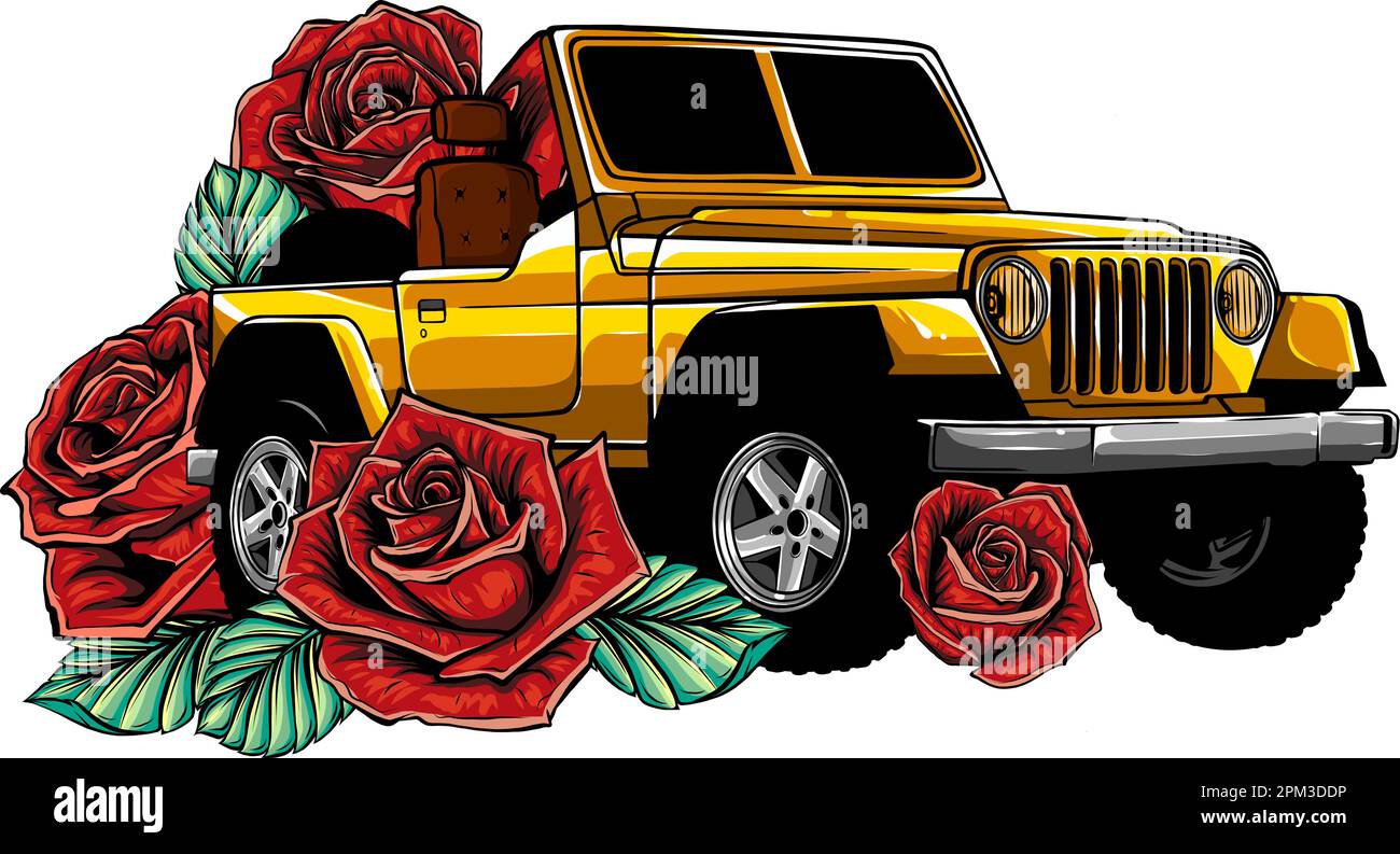 car offroad with roses vector illustration on white background. digital ...