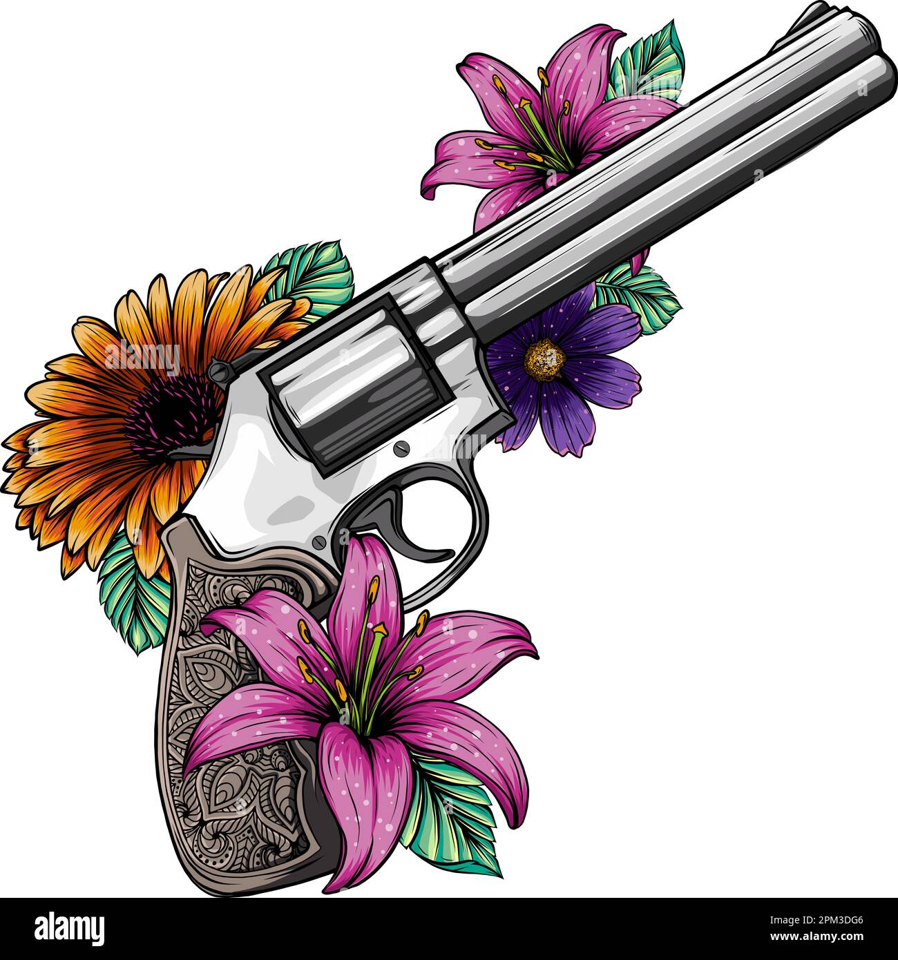 Revolver and flowers vector illustration on white background Stock ...