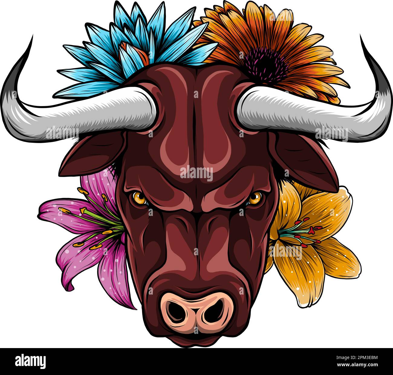 head bull with flower vector illustration on white background. digital ...