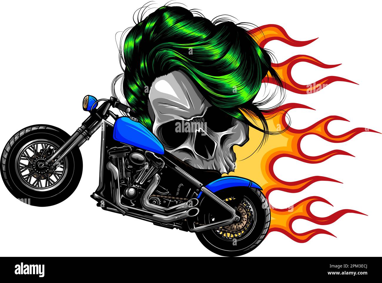 skull with hair and custom motorcycle with flames on white background ...