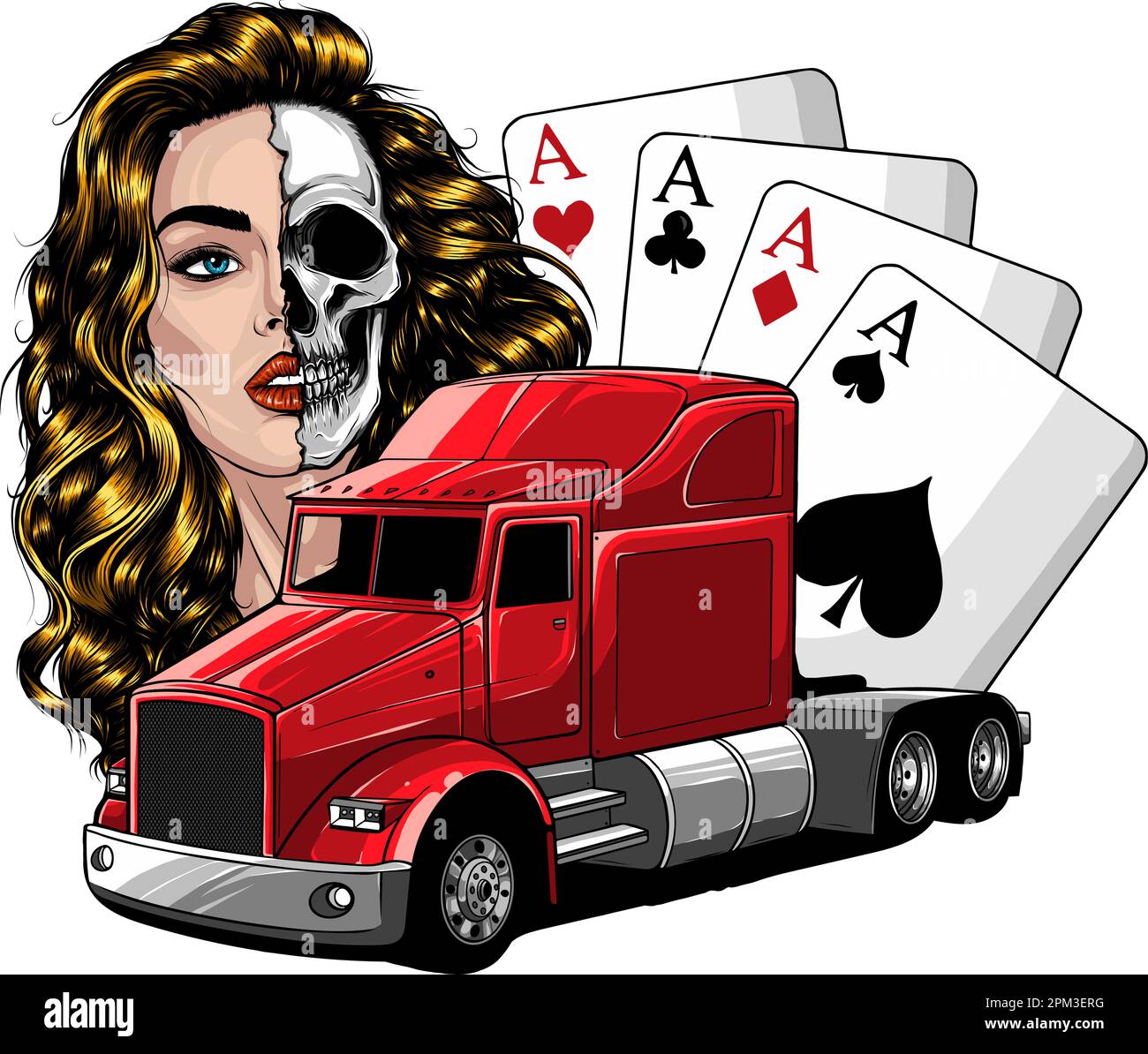 Vintage Truck with woman and poker aces. vector illustration on white ...