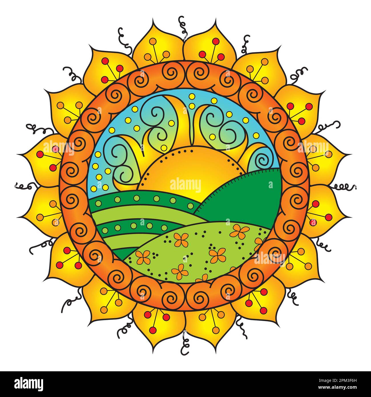 Sun with a field and the sun in the middle vector Stock Photo - Alamy