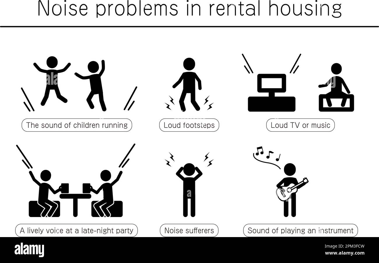 Set of illustrations of common noise problems in rental properties, Vector Illustration Stock ...