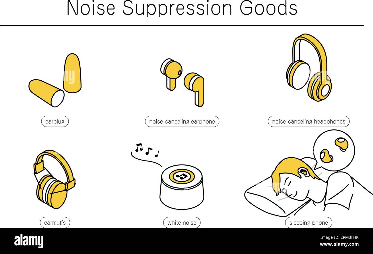 Illustrated set of user-friendly noise-reducing products, Vector ...