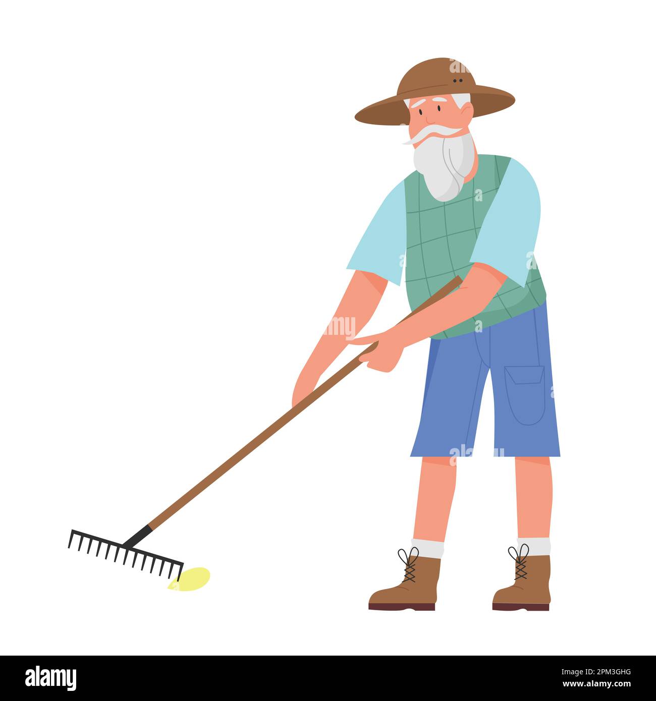 Gardener man raking grass. Farming activity, gardening instruments ...