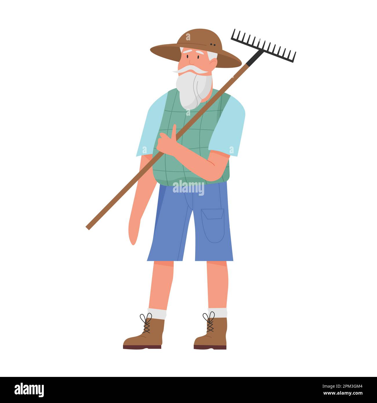 Gardener man with rake. Agriculture instrument, gardening outdoor ...