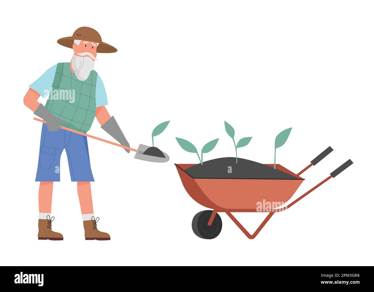 Gardener man with wheelbarrow. Farmer planting sprouts, farming ...