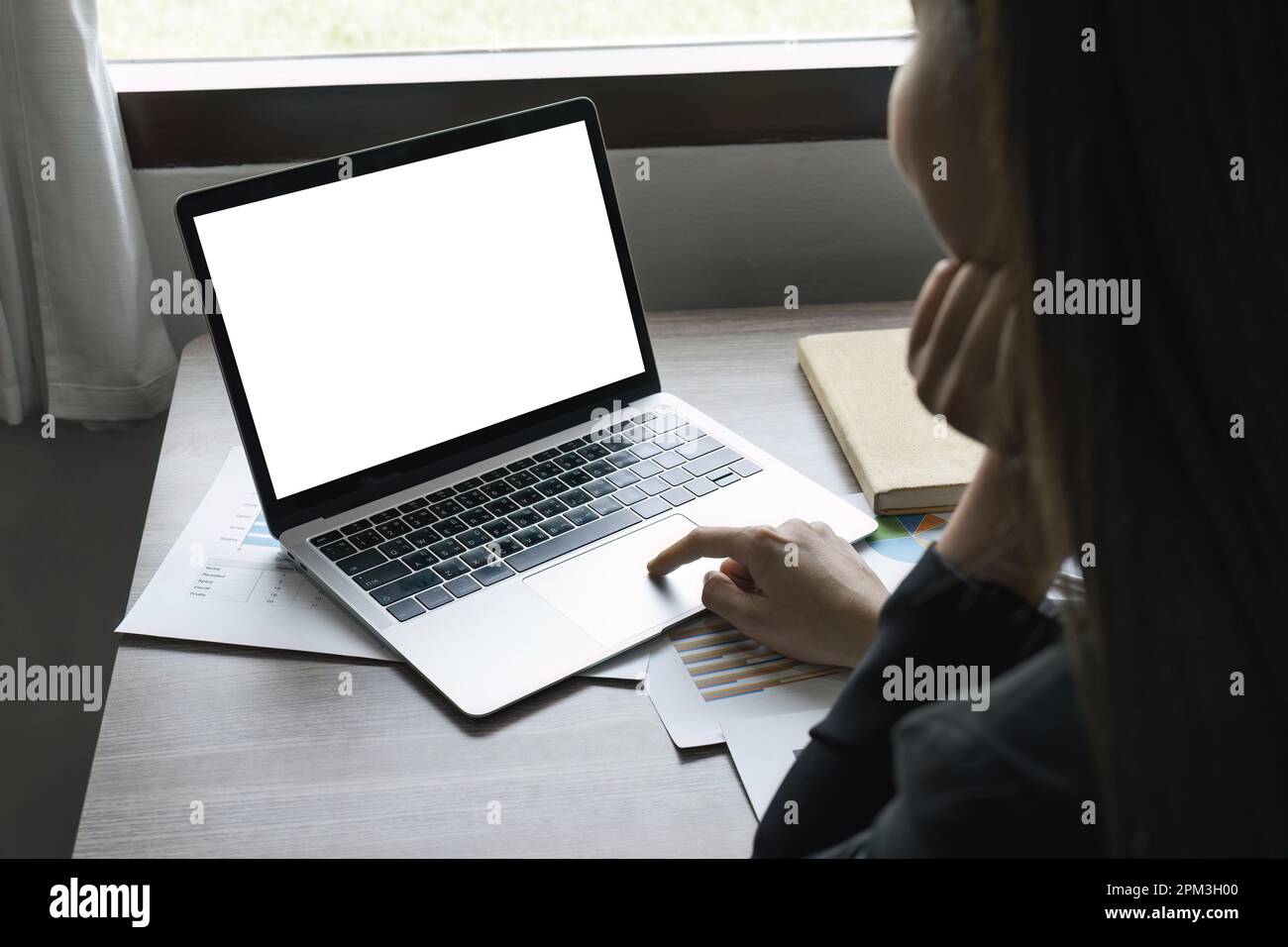 mockup image blank screen computer with blank white background for advertising text, hand woman ...