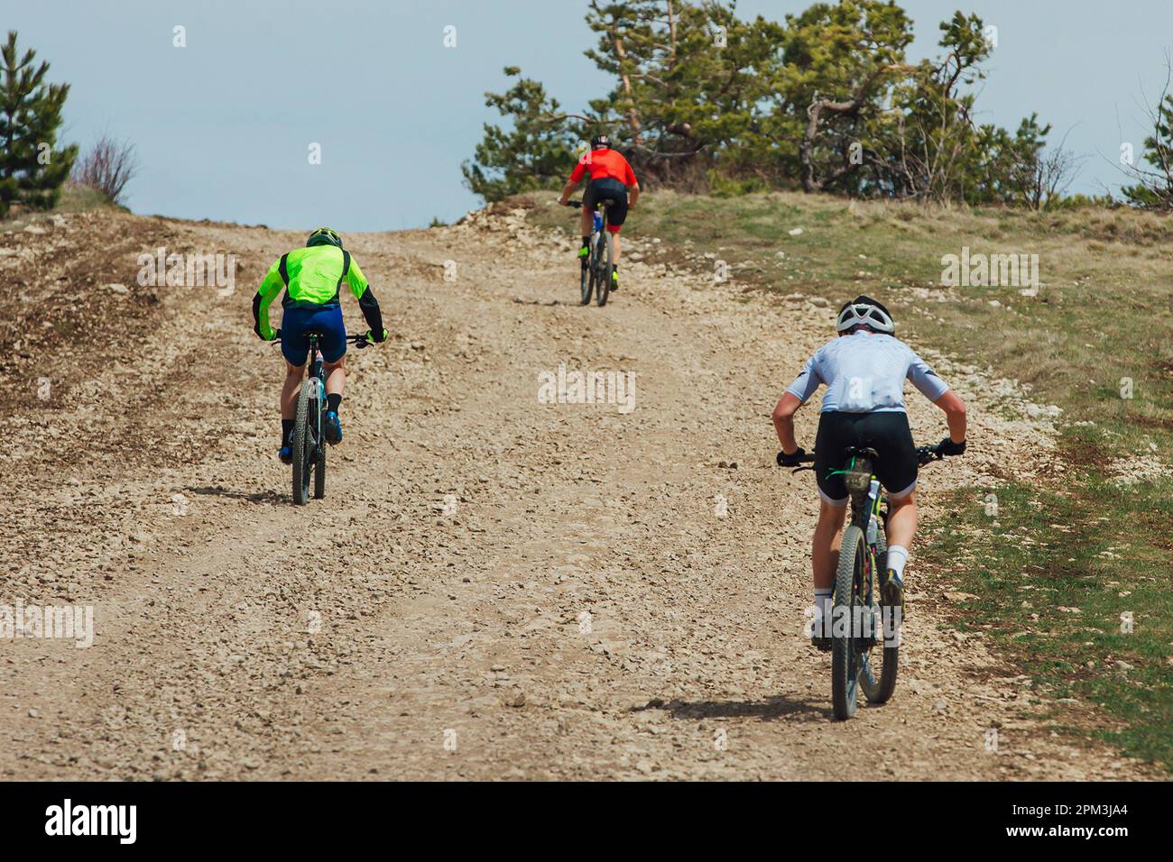 rear view three mountainbikers riding bike uphill, biking on gravel ...