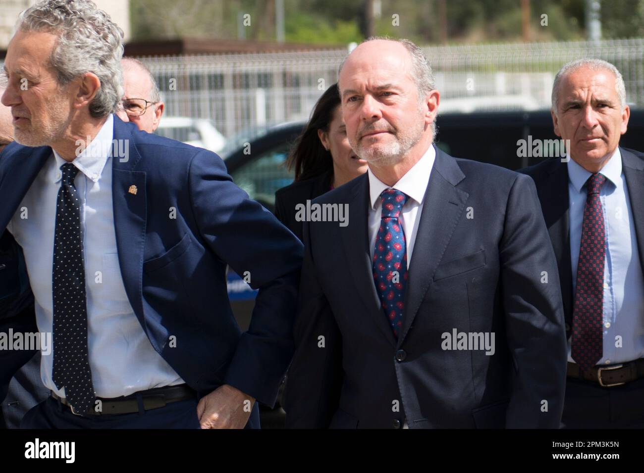 Hipra's president, David Nogareda (c), upon his arrival at Hipra's ...