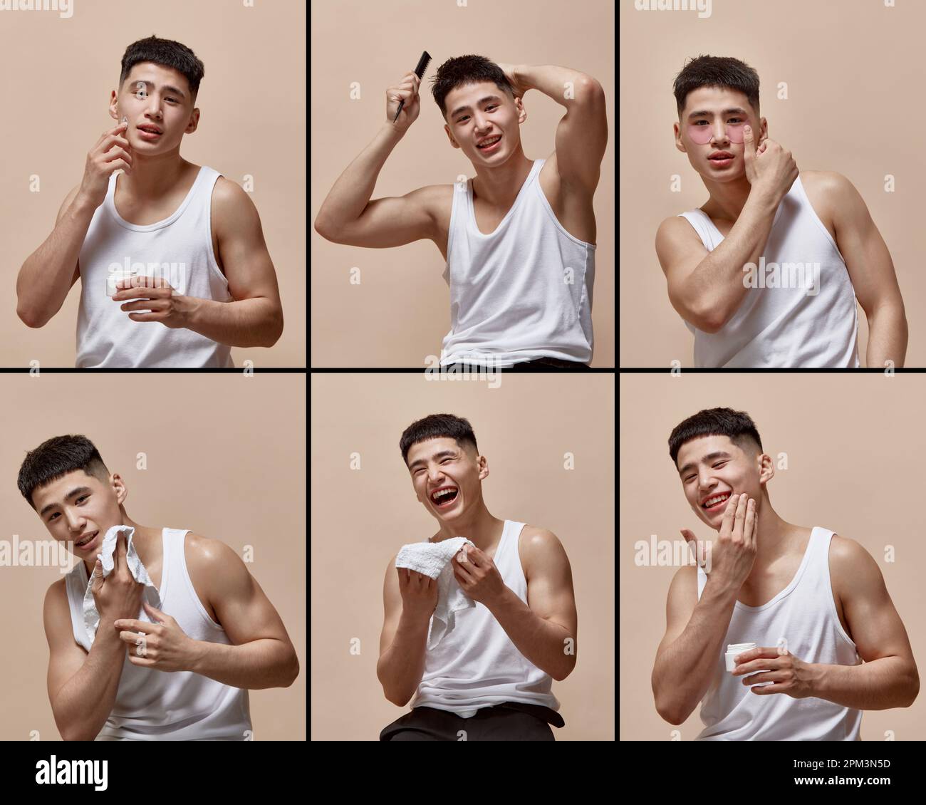 Collage. Set of portrait of handsome, positive young asian man in ...
