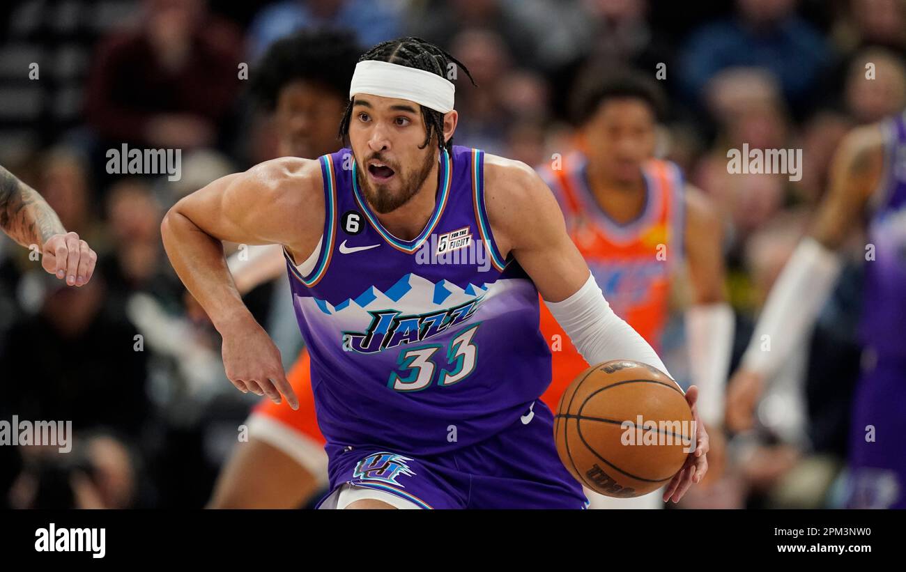 Utah Jazz guard Johnny Juzang (33) brings the ball up court during the ...