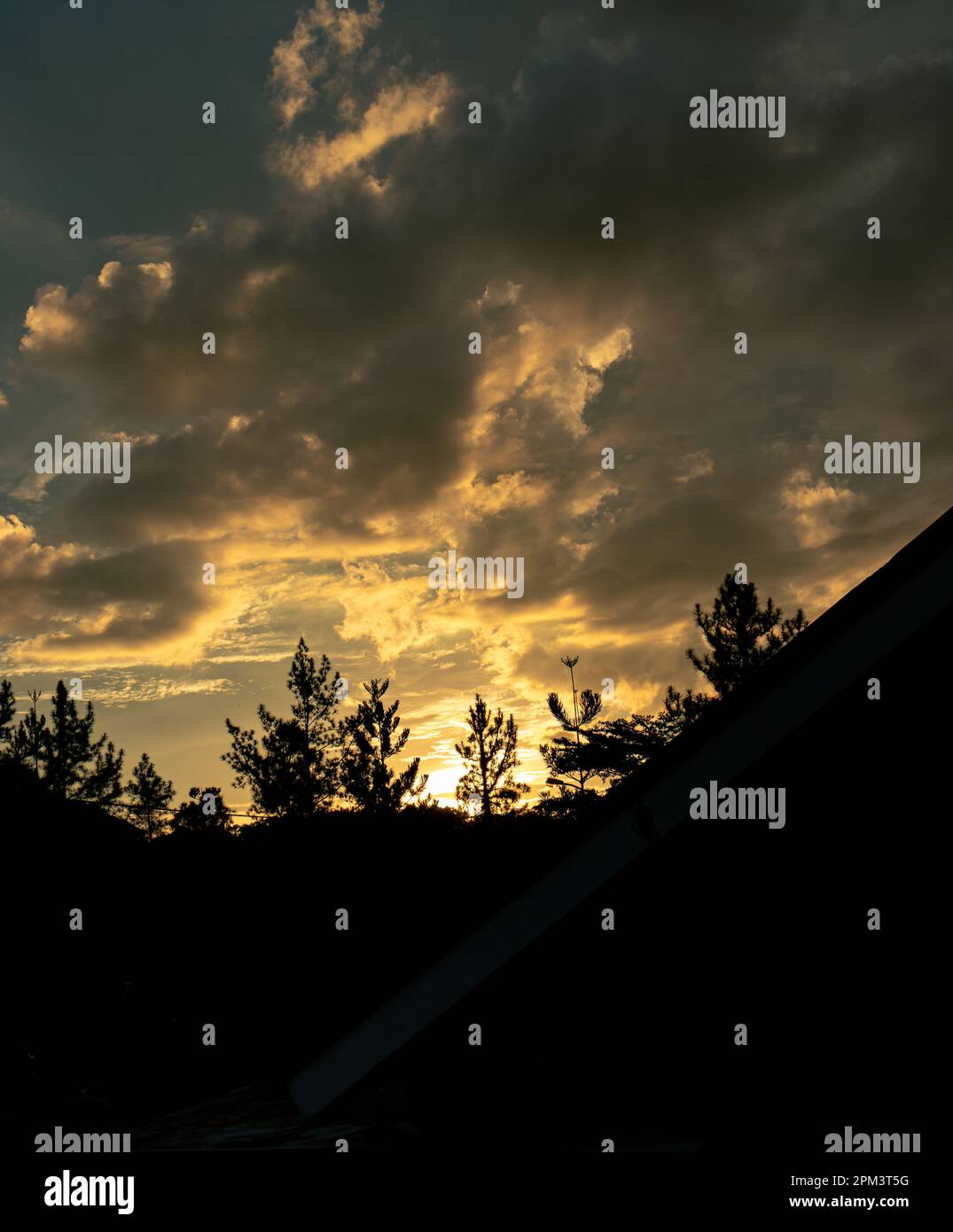 Sunset, silhouette of roof and trees in the cloudy evening, after some ...